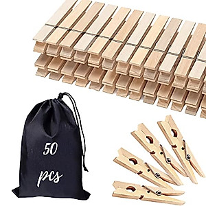 Clothes Pins Wooden Clothespins, 50 PCS 2.9" Natural Birchwood Clothing Pins, Strong Springs Wood Close Pins with Storage Bag, Wooden Clothespins for Laundry, Hanging Clothes, Classroom, Crafts