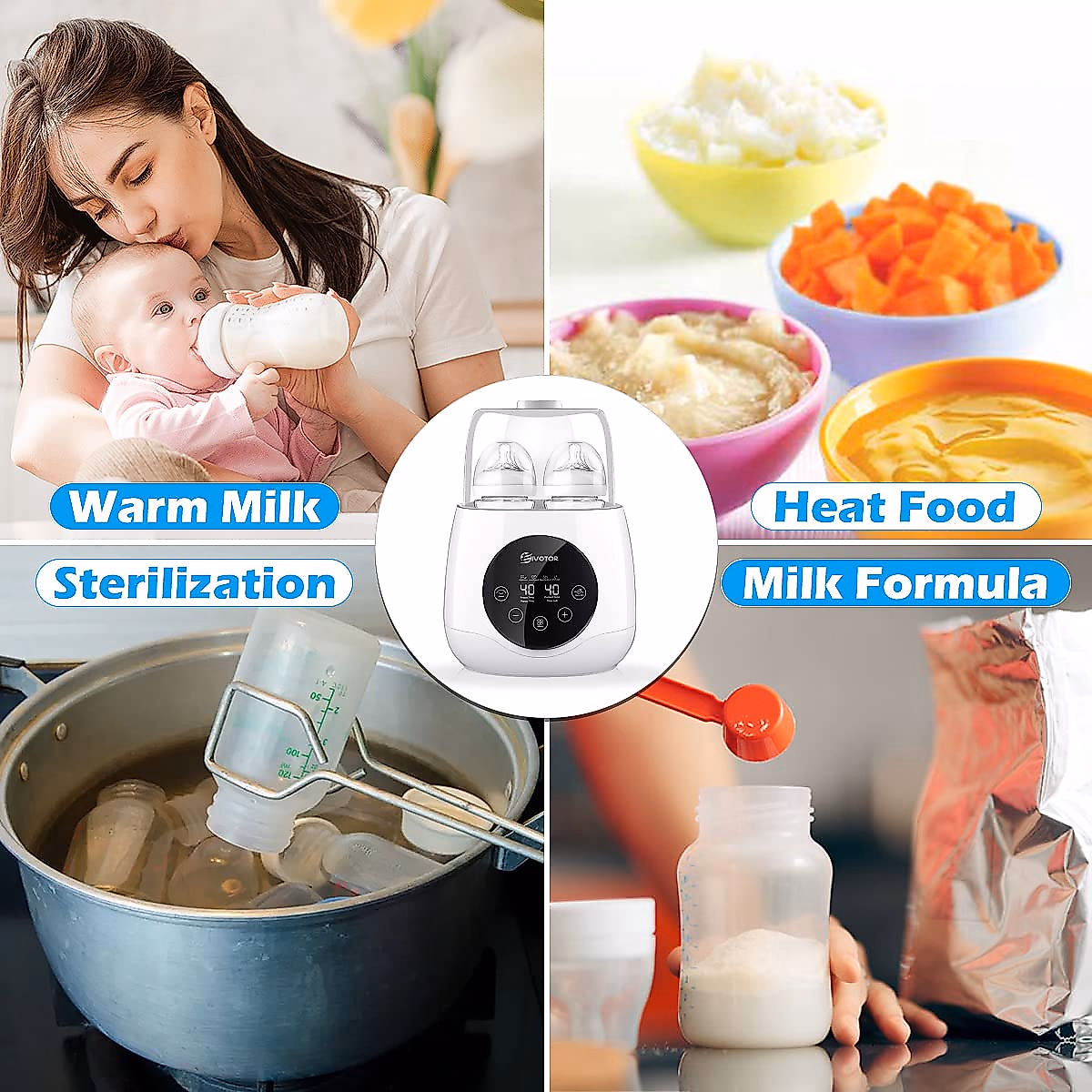 EIVOTOR 6 in 1 Baby Bottle Warmer, Double Bottle Steam Sterilizer Food Heater for Evenly Warm Breast Milk or Formula, LED Panel Control Real-time Display, BPA Free