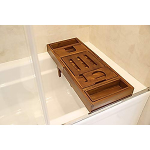 Ala Teak Wood Luxury Bathtub Caddy Tray with Extendable Sides and Bed Tray, Reading Rack, Tablet Holder