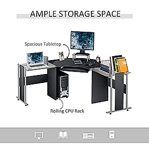 HOMCOM 69" Modern L-Shaped Tempered Glass Office Computer Desk with Elevated Monitor Stand, Rolling CPU Holder, Pull Out Keyboard Tray and Steel Frame, Black