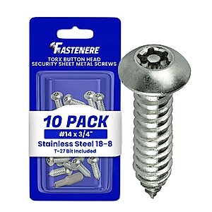 Fastenere Torx Security Sheet Metal Screws - #14 x 3/4" (10-Pack) Button Head, Tamper-Resistant, Anti Theft Stainless Steel Screws for Higher Level of Safety & Secure Fastening Solution