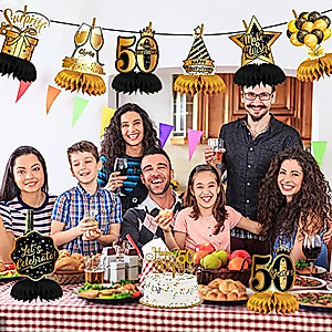 50th Birthday Centerpieces for Tables, Black Gold Happy 50th Birthday Honeycomb Table Decorations with Cake Topper, 50th Birthday Table Centerpiece for Men Women Cheers to 50 Years Party Table Sign