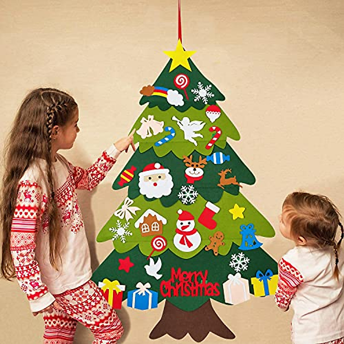 Qckarobe Felt Christmas Tree for Kids, 32Pcs Detachable Xmas Ornaments, DIY Christmas Tree Wall Hanging Decor, Christmas Crafts for Kids, Xmas Gifts, Christmas New Year Decorations