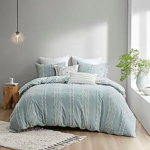 INK+IVY 100% Cotton Comforter Set Trendy Stripe Textured Design, Modern Down Alternative, All Season Cozy Bedding with Matching Shams, Full/Queen, Aqua Reversable Stripes