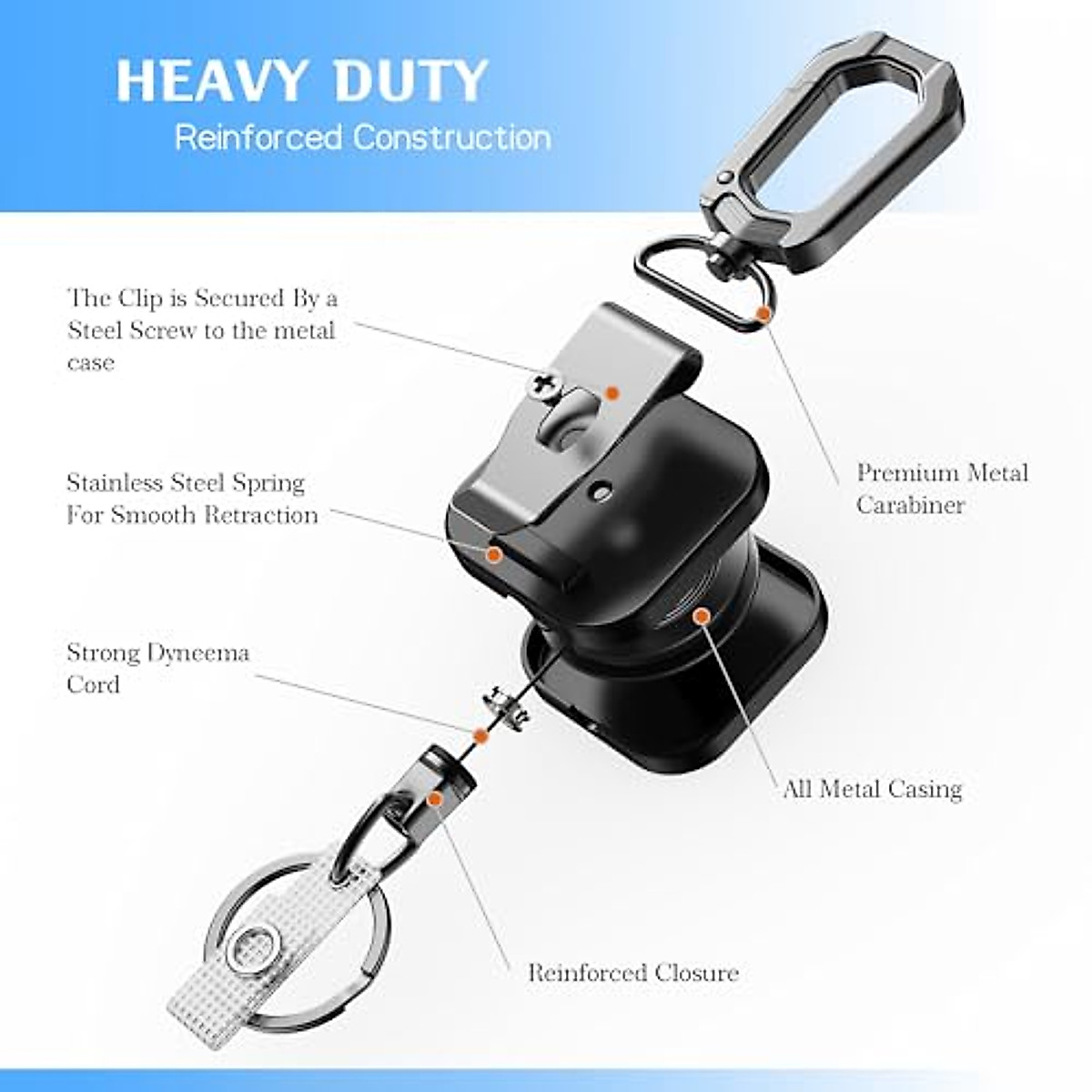 ELV Retractable ID Badge Holder, Heavy Duty Metal Body and Dyneema Cord, Carabiner Key Chain Metal Keychain with Belt Clip and 31 inch Wire Extension, Hold Up to 15 Keys and Tools