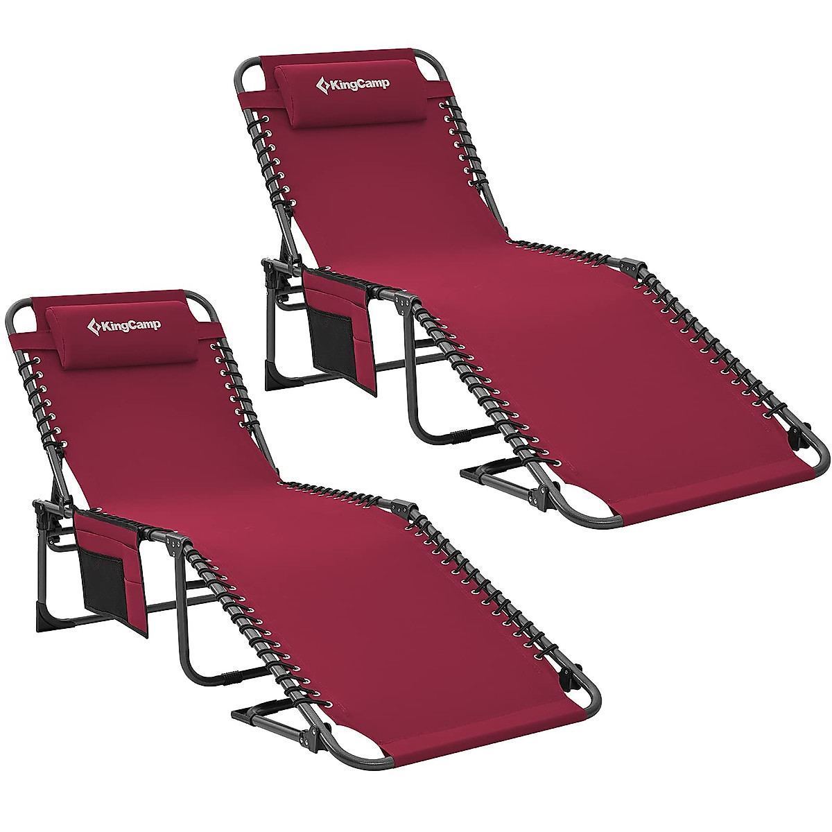 KingCamp Set of 2 Folding Outdoor Chaise Lounge Chair for Beach, Sunbathing, Patio, Pool, Lawn, Deck, Portable Lightweight Heavy-Duty Adjustable Camping Reclining Chair with Pillow