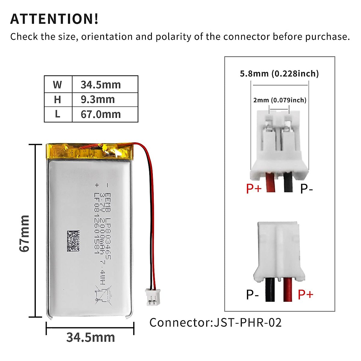 EEMB Lithium Polymer Battery 3.7V 2000mAh 803465 Lipo Rechargeable Battery Pack with Wire JST Connector for Speaker and Wireless Device- Confirm Device & Connector Polarity Before Purchase