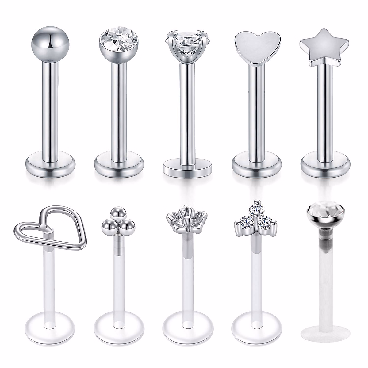 MODRSA 16G Forward Helix Earring Cartilage Earring Tragus Earrings Stud 8mm Stainless Steel Flexible Plastic Lip Rings Labret Studs Labret Piercing Jewelry