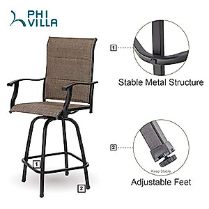 PHI VILLA 2 PCS Outdoor Swivel Bar Stools Bar Height Patio Chair with Padded Sling Fabric, All Weather Resistant Steel Frame