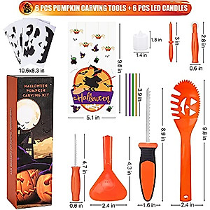 Pumpkin Carving Kit for Kids, 6 Easy Halloween Pumpkin Carving Tools Set, 6 LED Candles, 10 Carving Stencils & 20 Halloween Cellophane Candy Bags