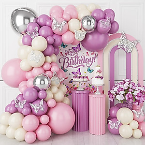 Pink and Purple Balloon Garland Arch Kit, Dusty Pink Lavender Purple Latex Balloons with Silver Foil Balloons for Bridal Baby Shower Wedding Butterfly Birthday Party Decoration
