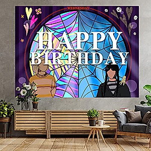 Wednesday Banner Happy Birthday Backdrop Horror Fantasy TV Drama Theme for Wednesday Party Supplies Boys Girls Fans Room Bedroom Playroom College Dorm and Apartment Decor Birthday Party Decorations