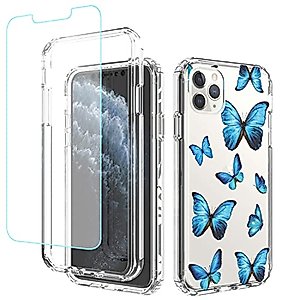 sidande Case for iPhone 11 Pro Max Case with Tempered Glass Screen Protector, Full Body Clear Floral TPU Slim Phone Protective Armor Cover for Apple iPhone 11 Pro Max 6.5" (Butterfly)