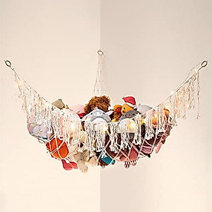 CUHIOY Toy Hammock for Stuffed Animals Large, Toy Storage Net Fits 40 Teddy Bears with Lights, Kids Mesh Hanging Nursery Organizer, Plush Toys Holder on Bedroom Wall Corner Decoration（ Beige）｜64x 64x 45 Inch