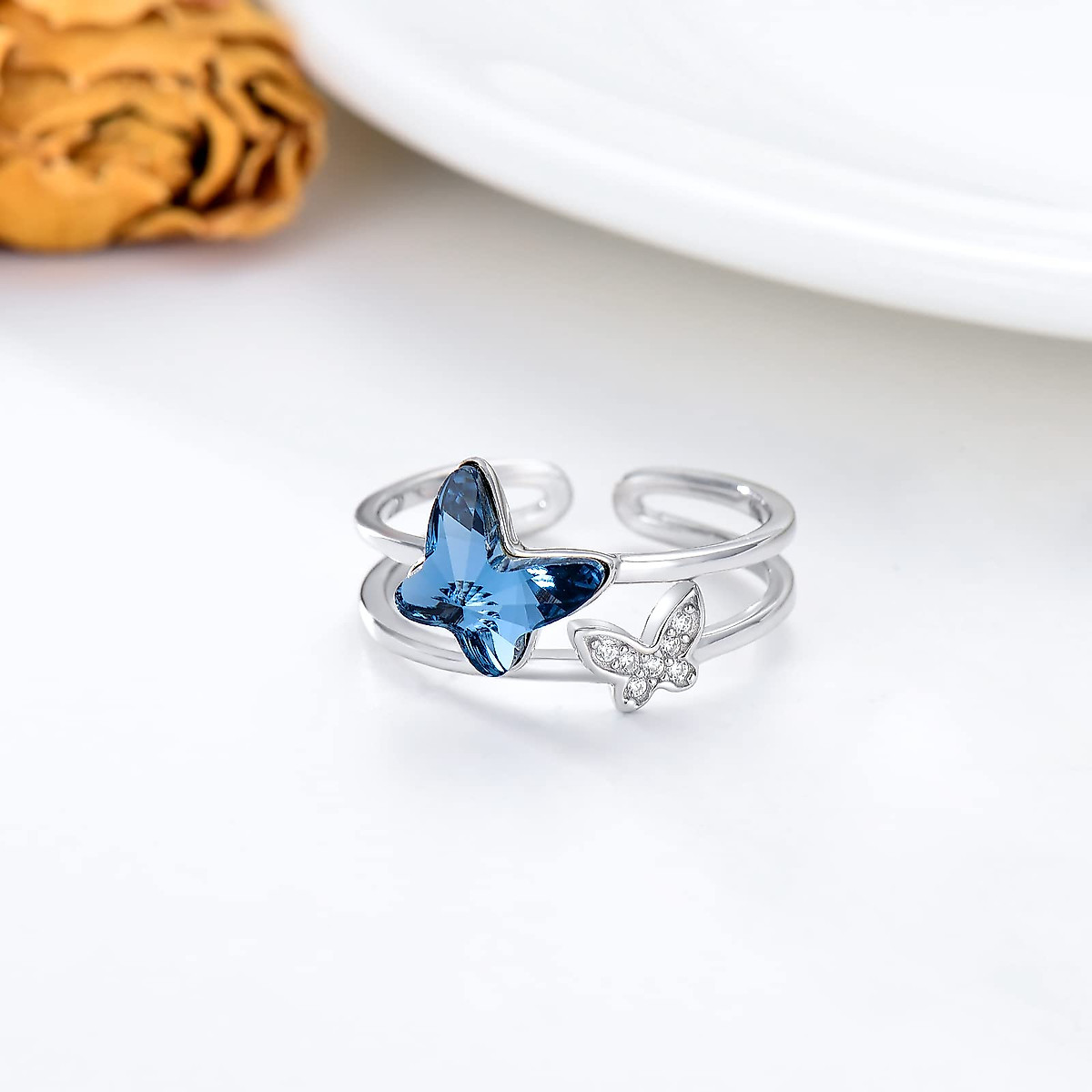 Plesitep Butterfly Ring Sterling Silver Adjustable Butterfly Ring Gift for Women Embellished with Blue Crystal from Austria (8)