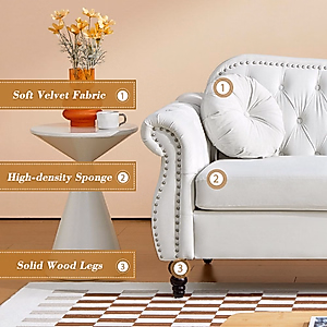 3 Seater Chesterfield Sofa Velvet for Living Room, Modern Tufted Velvet Couch 3 Seater with Scroll Arms and Nailhead, Chesterfield Velvet Sofa, Roll Arm Classic Chesterfield Settee Couches (White)