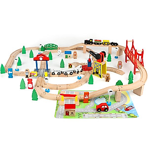 Joqutoys Wooden Train Set, 100 Pieces Toy Train Set for Toddlers 3+ Years Old, Train Tracks Toys with Tower Crane & Suspension Bridge, Fits All Major Brands