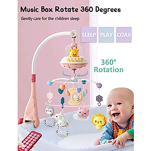 BSROLUNA Baby Crib Mobile with Music and Lights, Baby Mobile for Crib with Remote Control, Hanging Rotating Animals Rattles, 16 Songs and Timing Function, Cartoon Baby Crib Toys for Girls (BabyPink)