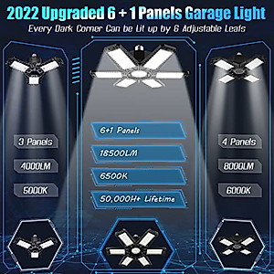 LED Garage Light - 2PACK 185W Garage Light with 6+1 Adjustable Panel and 18500LM LED Garage Ceiling Lights, Compatible with E26/E27 Base for Garage, Warehouse, Shop, Basement, Barn, Storage Room