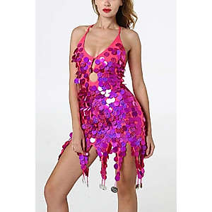 FEOYA Women's 1920s Sequins Dress Sexy Backless Dance Party Dresses Tie Closure Ballroom Practice Dancewear, Rose Red