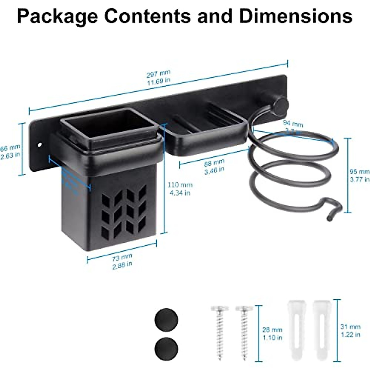 MORROWIND Hair Dryer Holder, Wall Mounted Hair Dryer and Straightener Holder Space-Saving Hair Care Tools Organizer Bathroom Hanging Shelf Hairdryer Storage Holder with Plug Hook, Black