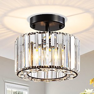 SYTPPLAN Modern Crystal Ceiling Light, Semi Flush Mount Ceiling Light Fixture Small Chandelier Crystals Hallway Light fixtures Black Close to Ceiling Light for Living Room Kitchen Bedroom