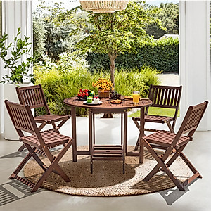 Devoko 5 PCS Patio Furniture, Patio Dining Set Acacia Wood Outdoor Table and Chairs, with 4 Folding Chairs and 37" Round Movable Table, Outdoor Dining Set for Lawn, Balcony, Garden