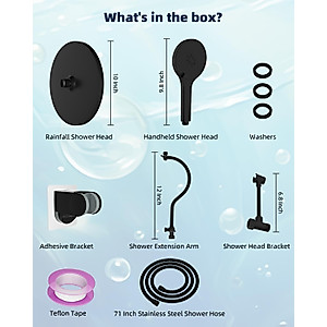 Hibbent Self-cleaning Shower Head, 10'' High Pressure Rainfall Shower Head, Showerhead Combo/Handheld Shower Head, 12'' Adjustable Curved Shower Extension Arm, 71'' Hose, 2 Shower Holders, Matte Black