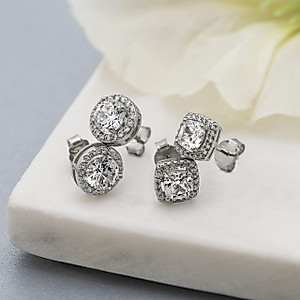 Lesa Michele Rhodium Plated 925 Sterling Silver Cushion & Round Shaped Cubic Zirconia Halo Stud Earrings for Women 2 Pair Earring Set White
