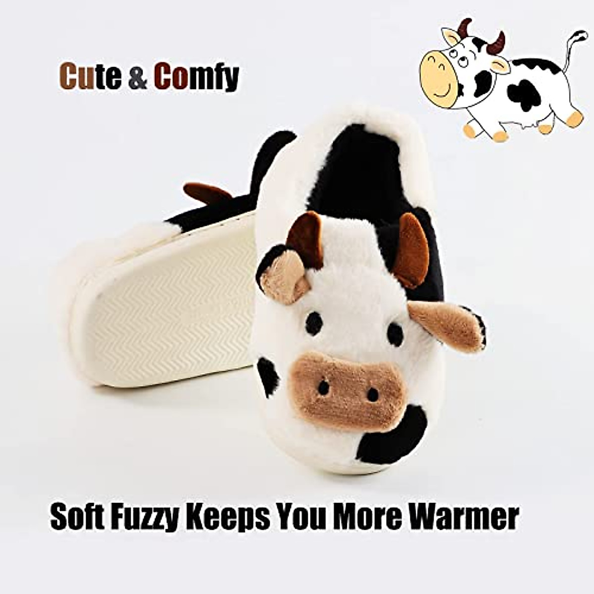 Jerzmy Fuzzy Cow Slippers for Women Men, Cute Cotton Animals House Slippers Fluffy Plush Shoes for Girls Indoor Living Room Bedroom Garden, Size 10-11
