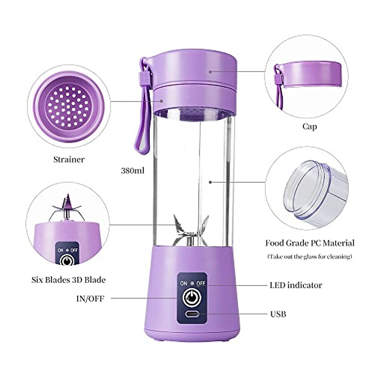 Portable Blender Cup,Electric USB Juicer Blender,Mini Blender Portable Blender For Shakes and Smoothies, Juice,380ml, Six Blades Great for Mixing,Light purple