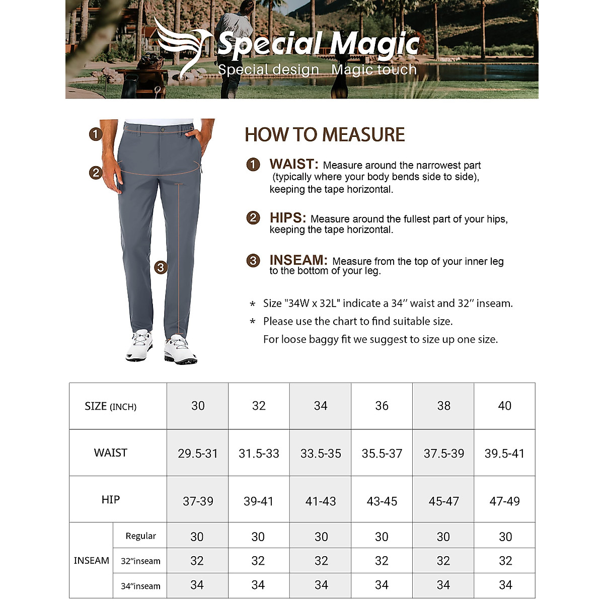 SPECIALMAGIC Golf Hiking Pants for Men Slacks Dress Pants Elastic Waist Casual Tapered Stretchy Slim Fit Denim Blue,32W30L
