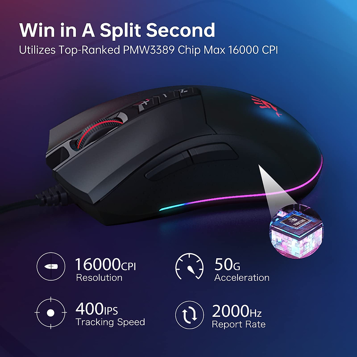 Bloody ES9Pro FPS RGB Gaming Mouse, PMW3389 Chip, 16000 CPI, 2000Hz Report Rate, 400IPS, 4M Onboard Memory, Fully Programmable with Advanced Preset Macros
