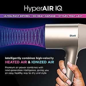 Shark HD120BRN Blow Dryer HyperAIR Fast-Drying with IQ 2-in-1 Concentrator, Styling Brush, and Curl-Defining Deep Diffuser Attachments, Ionic, No Heat Damage, for All Hair Types, Stone