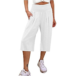 YMADREIG High Waisted Linen Pants for Women Dressy Casual Capris Wide Leg Summer Pants Elastic Waistband Gaucho Pants Workout Yoga Palazzo Pants Vacation Lounge Boho Pants with Pocket
