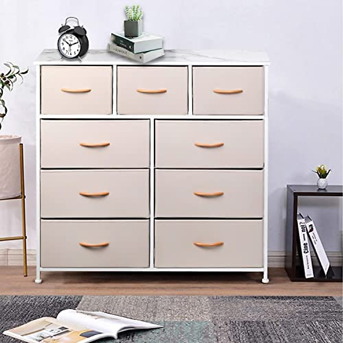 CERBIOR Wide Drawer Dresser Storage Organizer 9-Drawer Closet Shelves, Sturdy Steel Frame Marbling Wood Top with Easy Pull Fabric Bins for Clothing, Blankets (9-Cream Drawers)