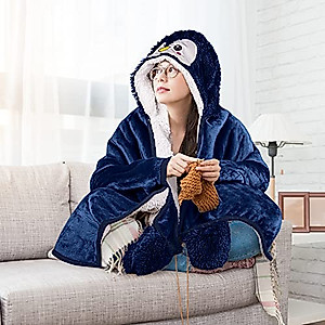 Penguin Wearable Hooded Blanket for Adults – Super Soft Warm Cozy Plush Flannel Fleece & Sherpa Hoodie Throw Cloak Wrap - Penguin Gifts for Women Adults Girls and Kids