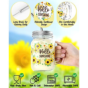 Sunflower Mason Jar Mug with Lid and Straw 16oz Glass Tumbler with Handle Bottle Set for Iced Coffee Smoothie Boba Milk Tea Juices Travel Hello Sunshine Wedding Thanksgiving Christmas Bridesmaid Gift