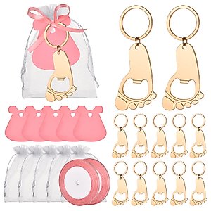 YKLIGTN 50 Pieces Baby Footprint Keycahin Bottle Openers Baby Boy or Girl Shower Decarotions Party Favors，Gifts or Souvenirs for Guests Bulk with DIY Tags and White Organza Bags Game Gifts (Pinkl)