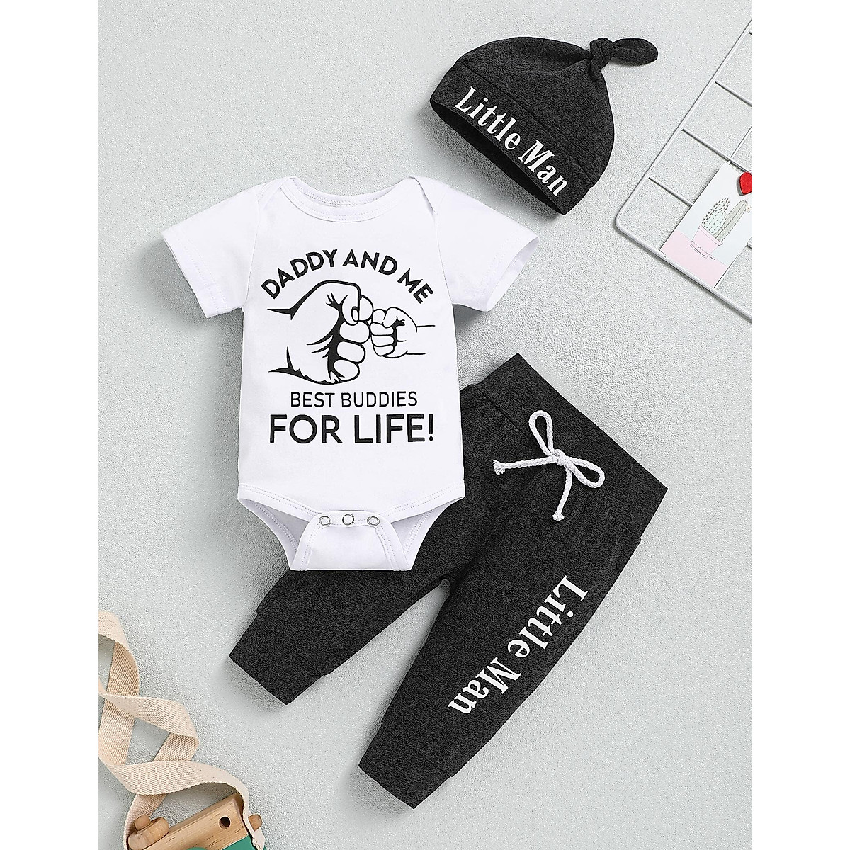 TUEMOS Baby Boy Clothes Daddy and Me The Best Buddies for Life Letter Print Romper Top+Pant with Hat Baby Boy Summer Outfits 3-6 Months