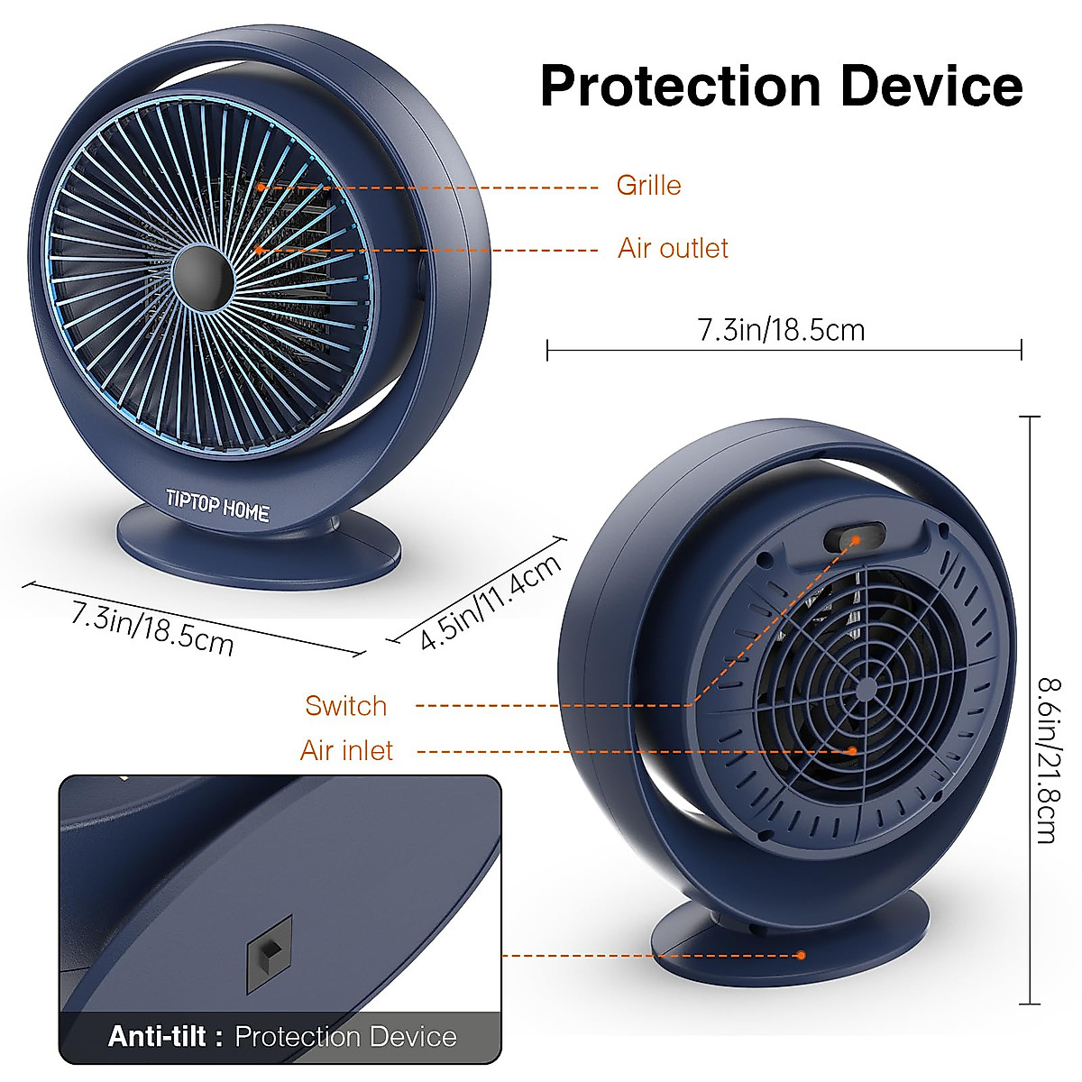 Space Heater, 800W PTC Fast Heating Ceramic Room Small Heater, Two-Speed Portable Heater Fan with Adjustable, Overheating Protection, Dumping Shutdown, Electric Heaters for Home Bedroom, Office