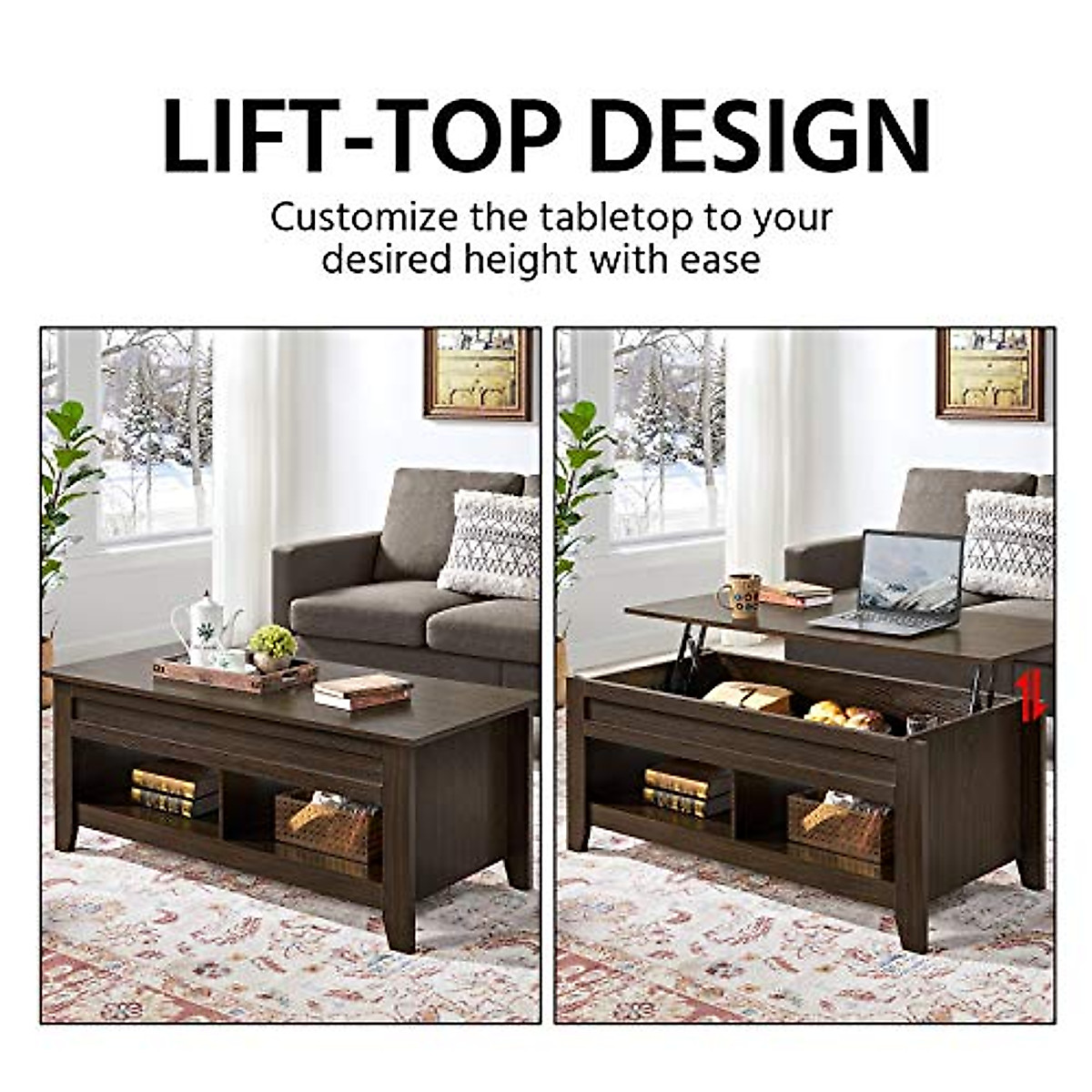 Yaheetech Lift Top Coffee Table with Hidden Storage Compartment & 2 Open Shelves, Rising Tabletop Pop Up Center Table for Living Room Reception Room, 47.5'' L, Espresso