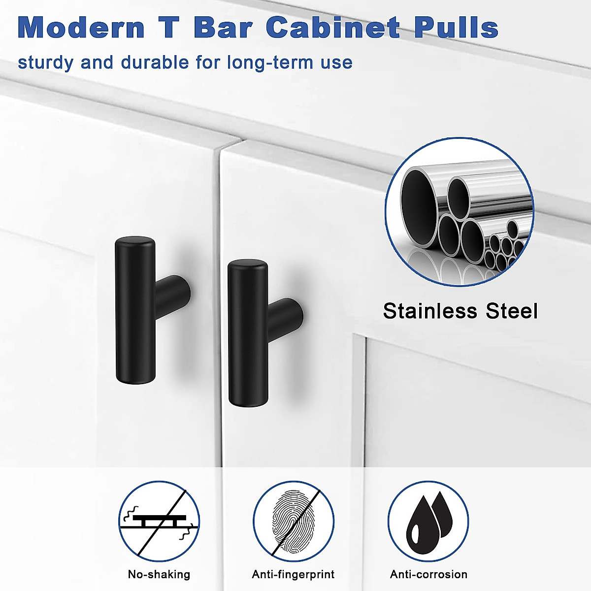 Estmoon 30 Pack Cabinet Knobs Matte Black Drawer Knobs Stainless Steel 2 Inch Overall Length Dresser Knobs for Cabinets Cupboard Bathroom Kitchen Hardware, Single Hole T Bar Knobs