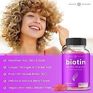 Biotin Gummies 10000mcg [Highest Potency] for Healthy Hair, Skin & Nails Vitamins for Women, Men & Kids - 5000mcg in Each Hair Vitamins Gummy - Vegan, Non-GMO, Hair Growth Supplement