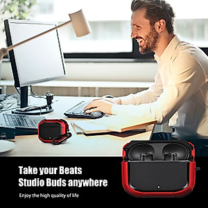 Upgraded Case for New Beats Studio Buds 2021, Filoto Rugged Beats Studio Buds Hard Shell Protective Case Cover Earbuds Headphone Accessories with Keychain for Men Women (Black/Red)