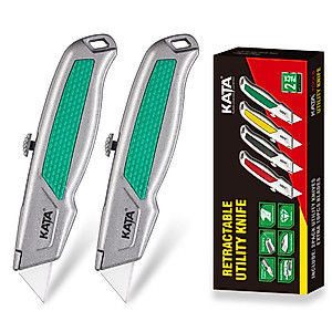 KATA 2 Pack Retractable Utility Knife,Heavy Duty Box Cutters for Cardboard, Boxes, Cartons and Rope,Rubbery Handle,with Extra 10pc SK5 Sharp Blades,GREEN