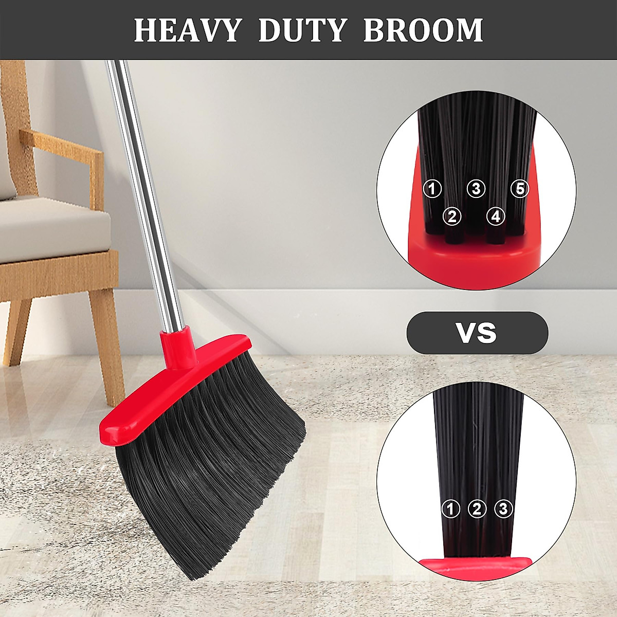 Broom with Dustpan Combo Set,UDUK 51'' Long Handle Broom with Standing Dustpan for Home, Heavy Duty Broom and Dustpan Set with Lid and Cleaning Teeth, Ideal for Pet Store Kitchen Indoor Outdoor (Red)