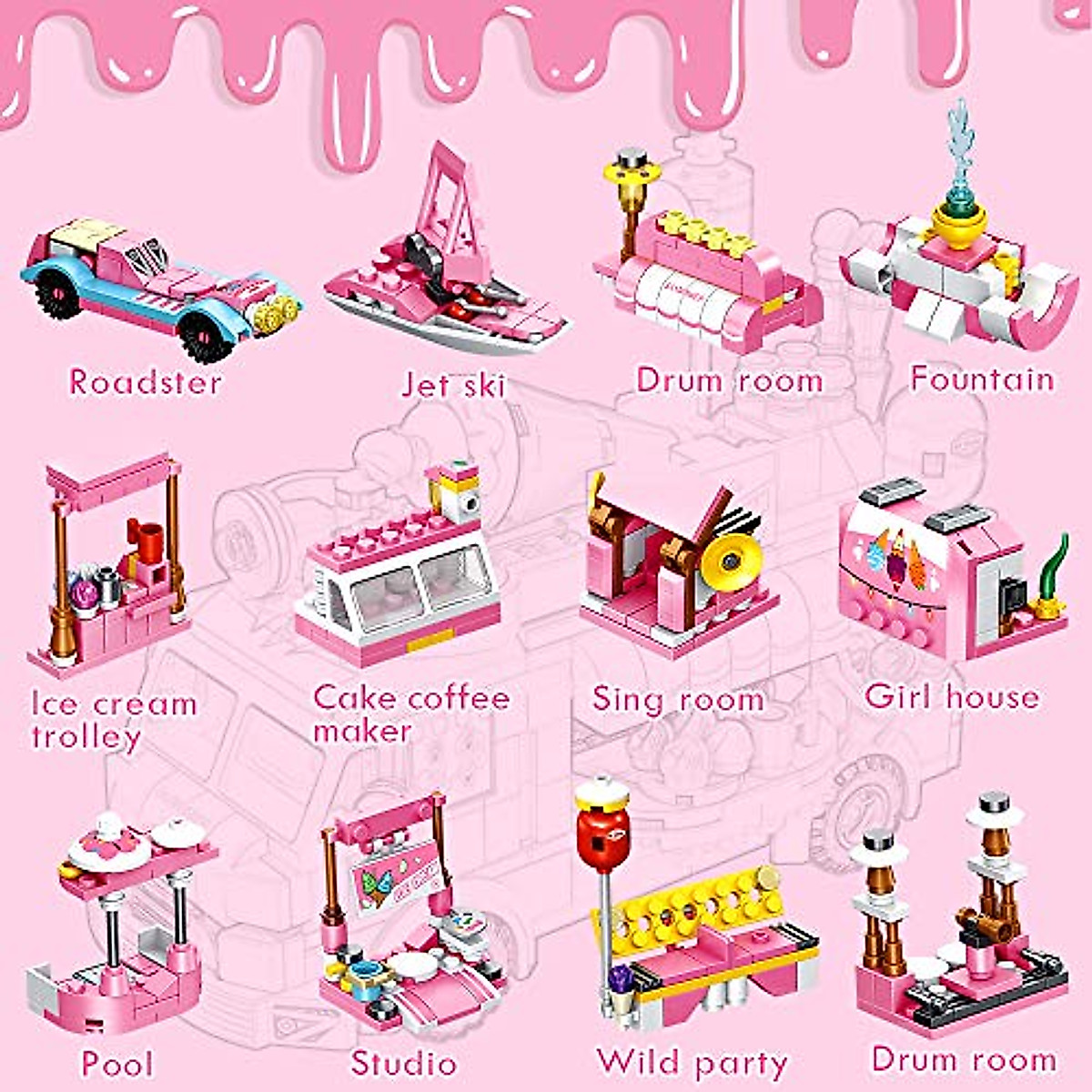 Vatos Girls Building Blocks Toys - 553 Pieces Ice Cream Truck Set Toys for Girls 25 Models Pink Building Bricks Toys STEM Toys Valentines Day Gifts for Kids Girls Age 6-12 and Up