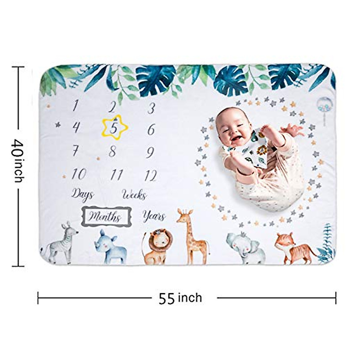 Baby Monthly Milestone Blanket - Nursery Decor for Newborn Baby Shower - Personalized Soft Fleece First Year with Days/Weeks/Months/Years - Markers & Frame &12 Stickers Included - Large 55"x40"
