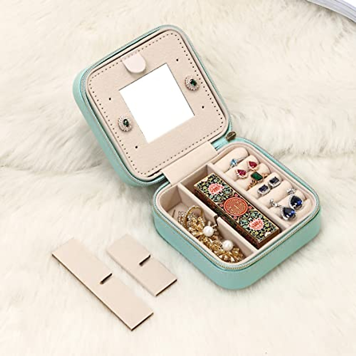 TRODANCE Jewelry Travel Case with Mirror,Small Travel Jewelry Organizer, Portable Jewelry Box Travel Mini Storage Organizer Portable Display Storage Box For Rings Earrings Necklaces Gifts (Blue)
